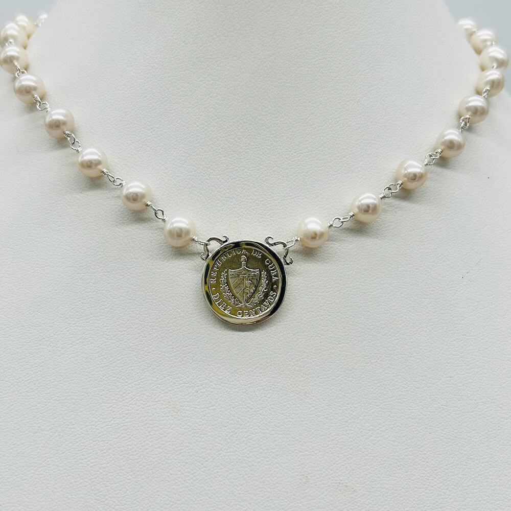 Diez Centavo Genuine Cuban Coin Necklace with Freshwater Pearls in ...